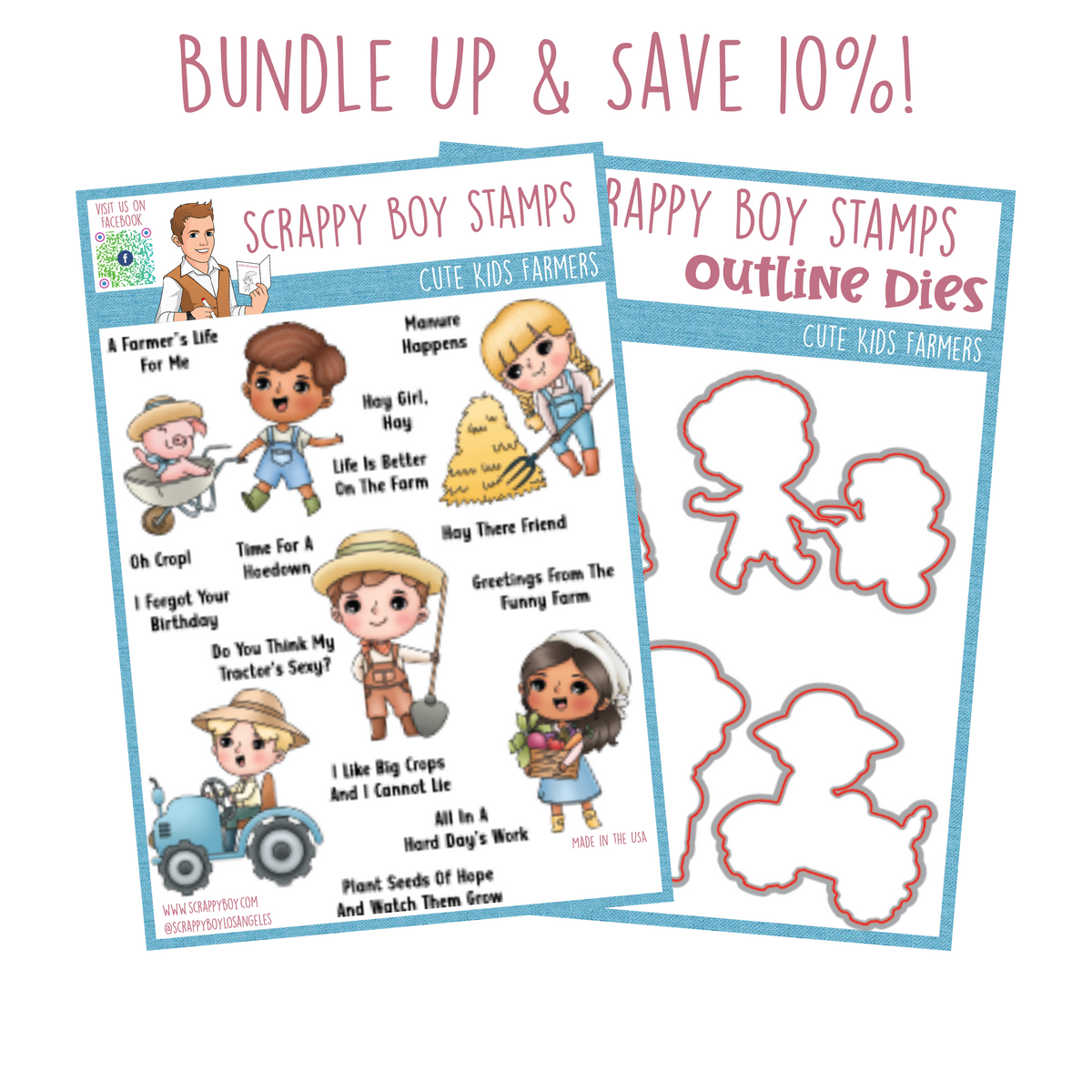 Bundle - Cute Kids Farmers Stamp & Outline Dies - Scrappy Boy Stamps