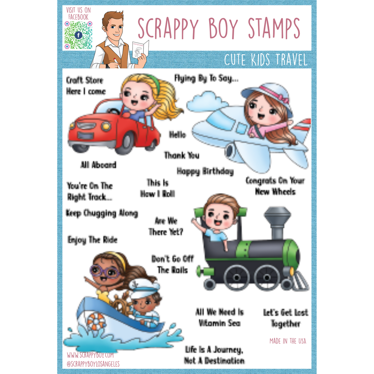 Bundle - Cute Kids Travel Stamp & Outline Dies - Scrappy Boy Stamps