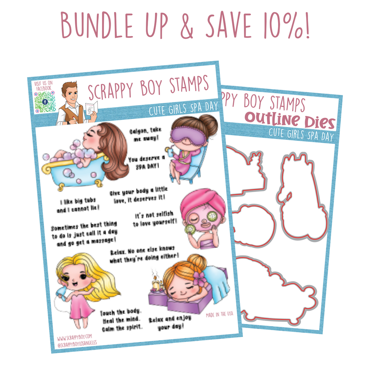Bundle - Cute Girls Spa Day Stamp & Outline Dies - Scrappy Boy Stamps