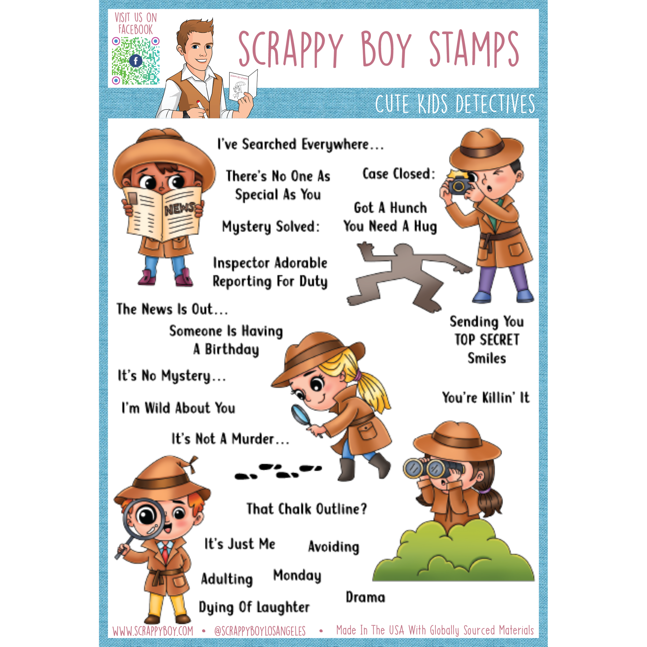 Cute Kids Detectives - 6x8 Stamp Set - Scrappy Boy Stamps