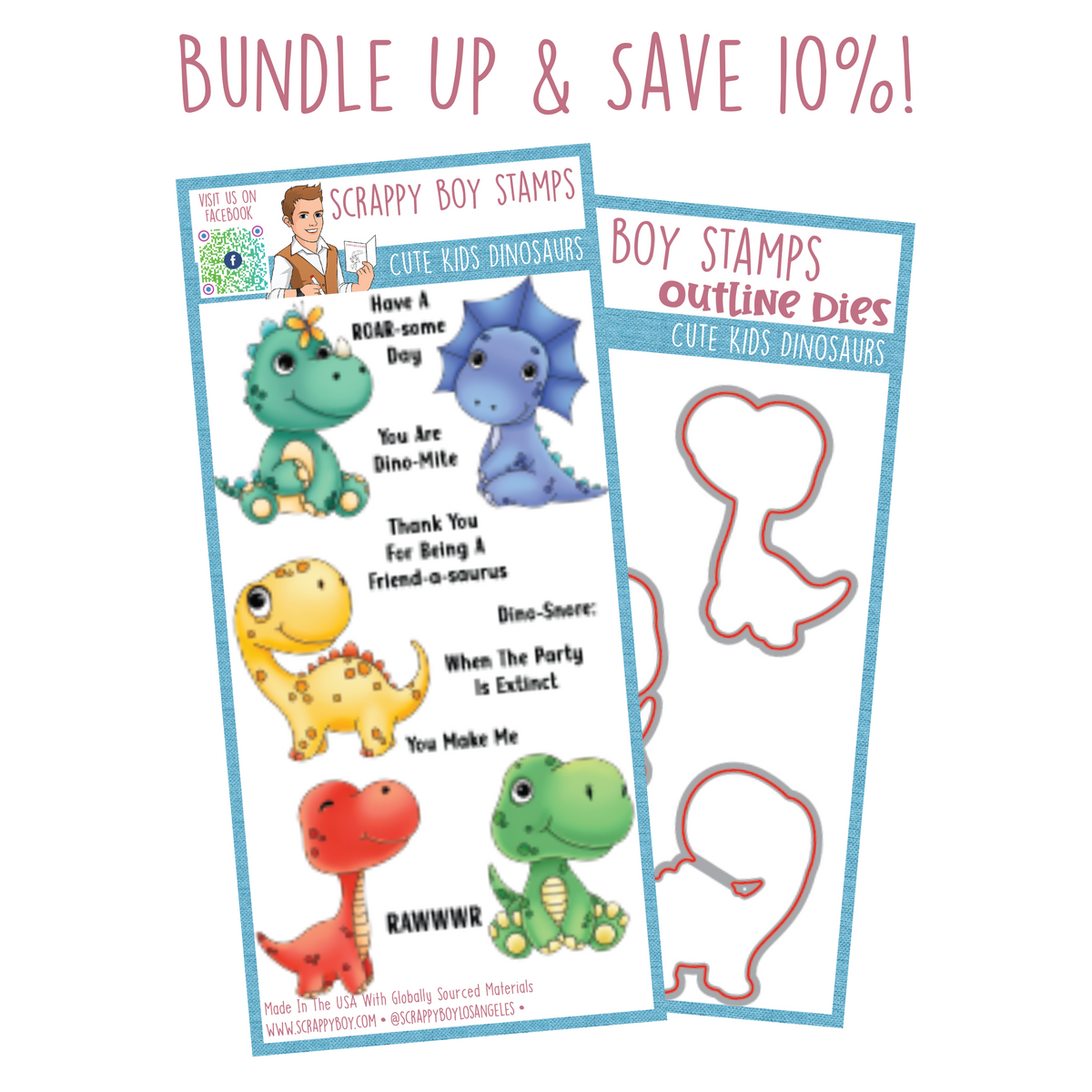 Bundle -Cute Dinosaurs Stamp & Outline Dies - Scrappy Boy Stamps