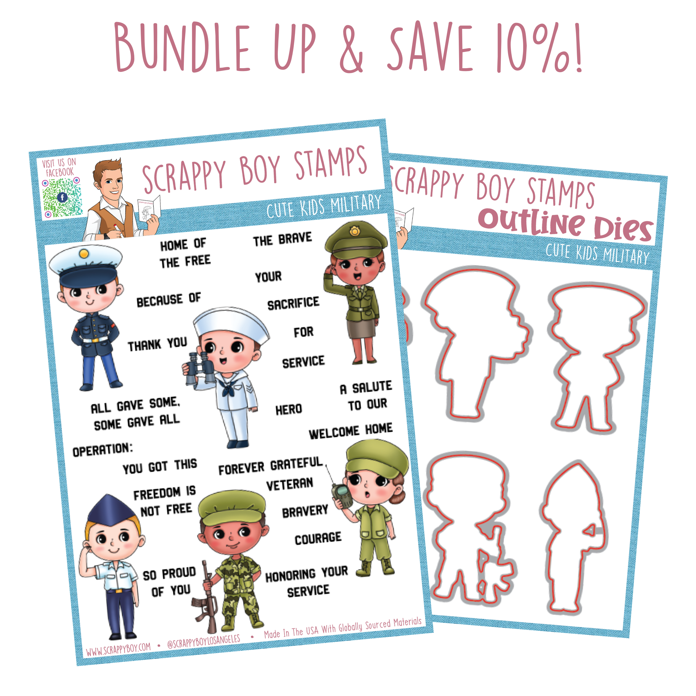 Bundle - Cute Kids Military Stamp & Outline Dies - Scrappy Boy Stamps