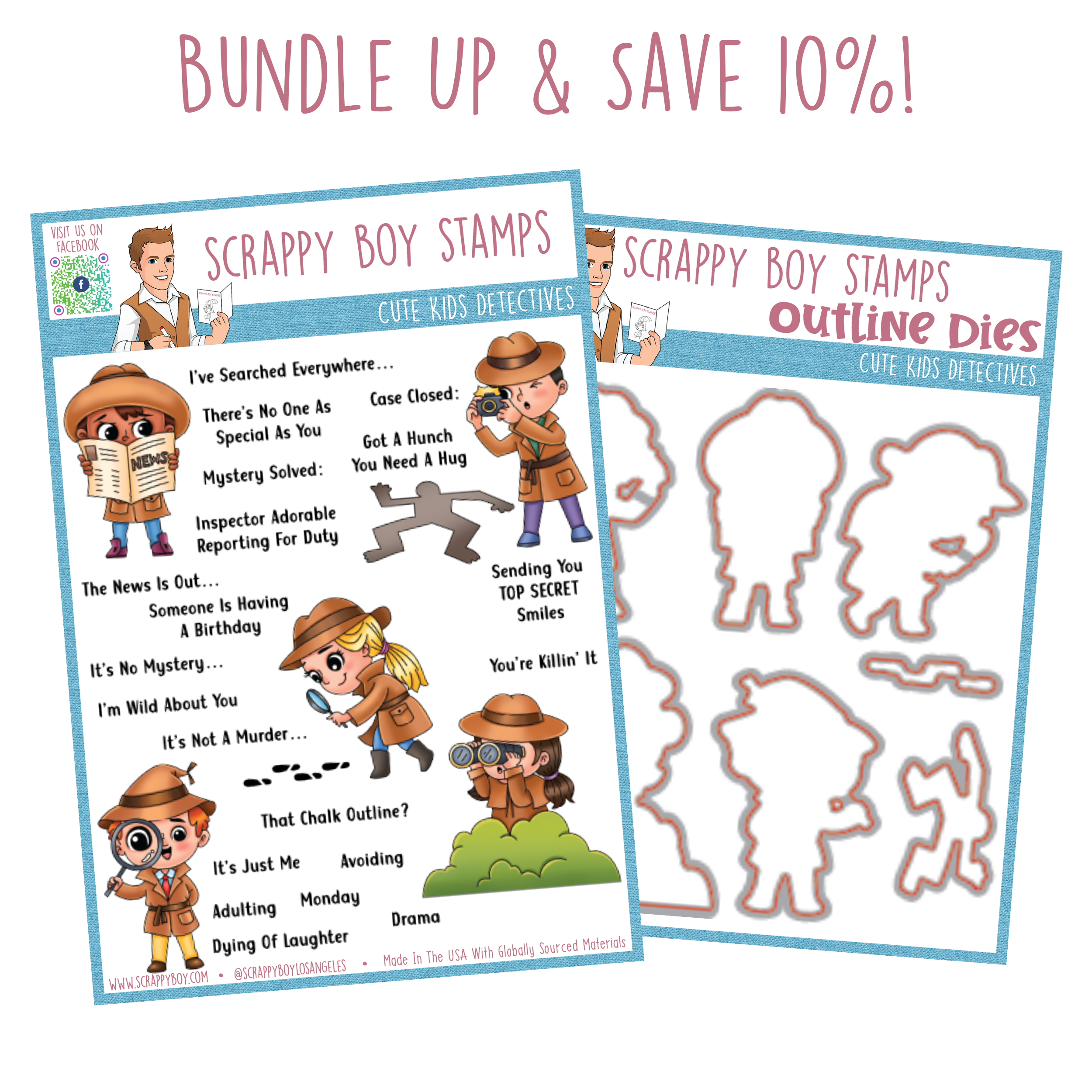 Bundle - Cute Kids Detectives Stamp & Outline Dies - Scrappy Boy Stamps