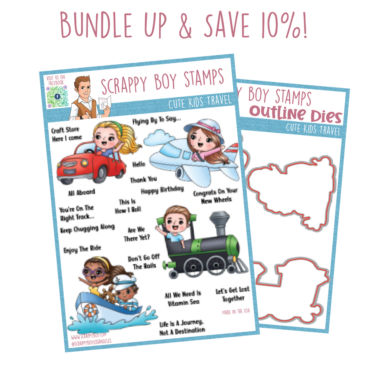 Bundle - Cute Kids Travel Stamp & Outline Dies - Scrappy Boy Stamps