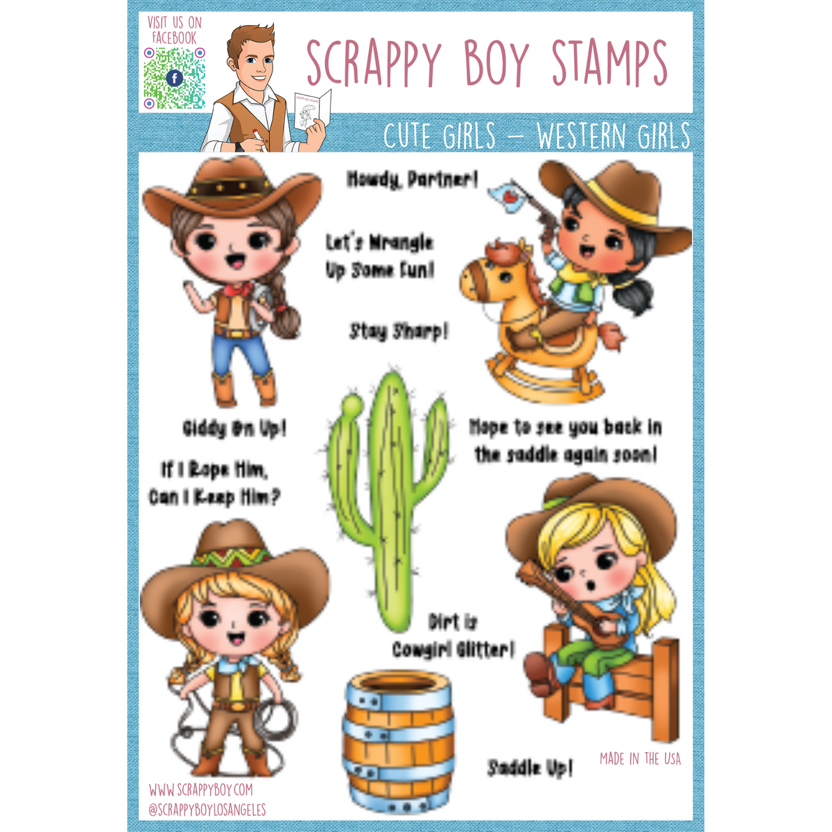 Cute Girls Western Girls - 6x8 Stamp Set - Scrappy Boy Stamps